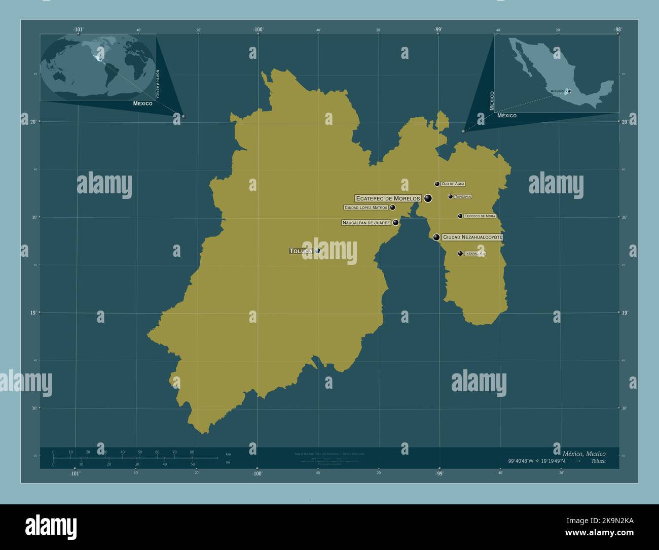 Mexico, state of Mexico. Solid color shape. Locations and names of ...