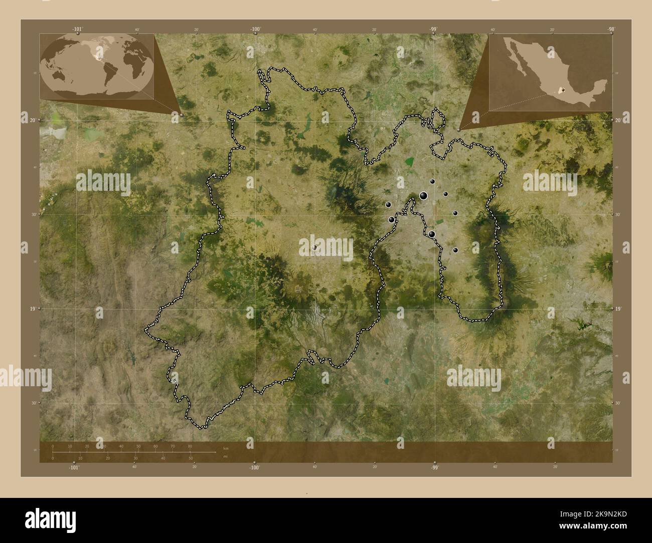 Mexico, state of Mexico. Low resolution satellite map. Locations of ...