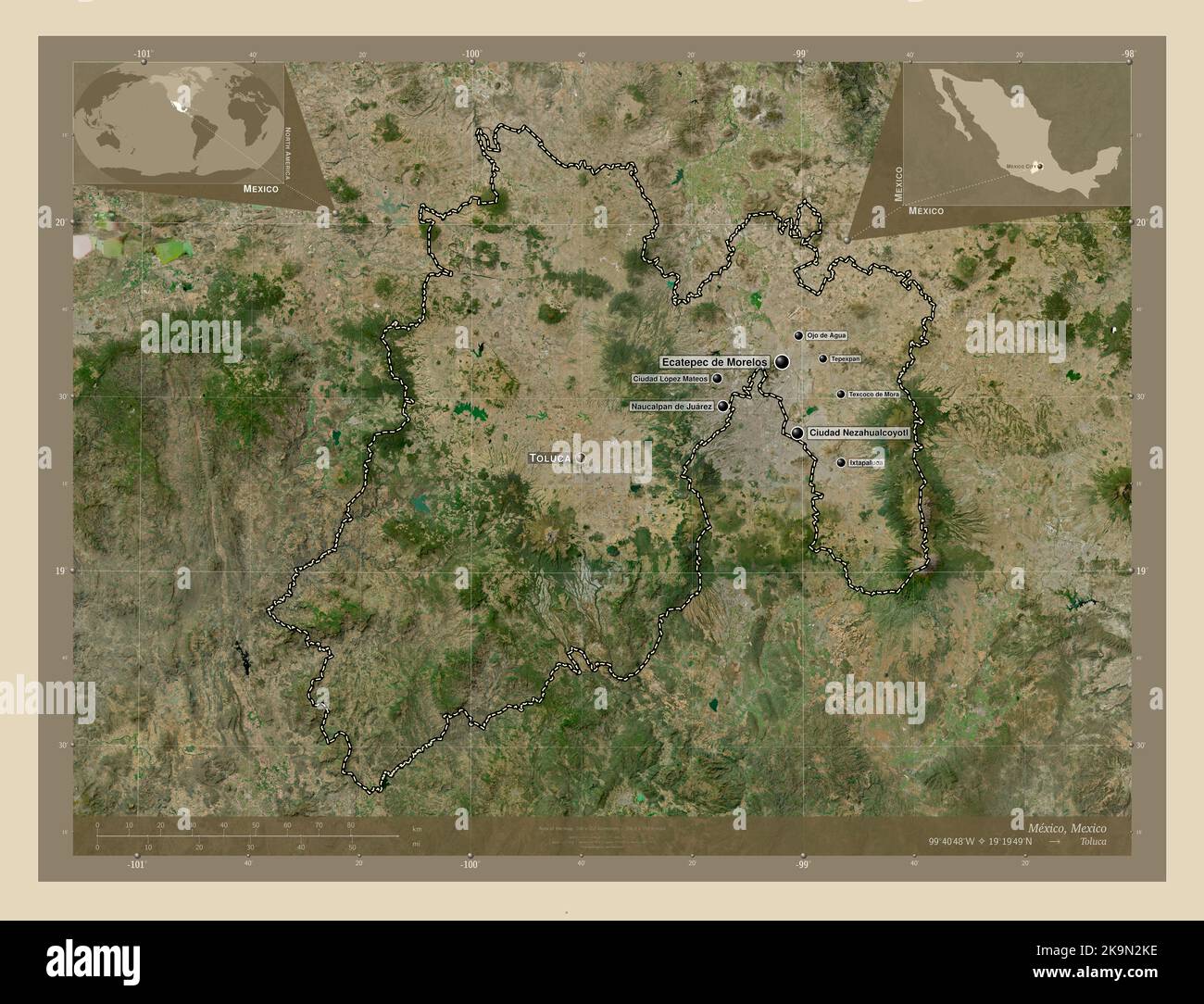 Mexico, state of Mexico. High resolution satellite map. Locations and ...