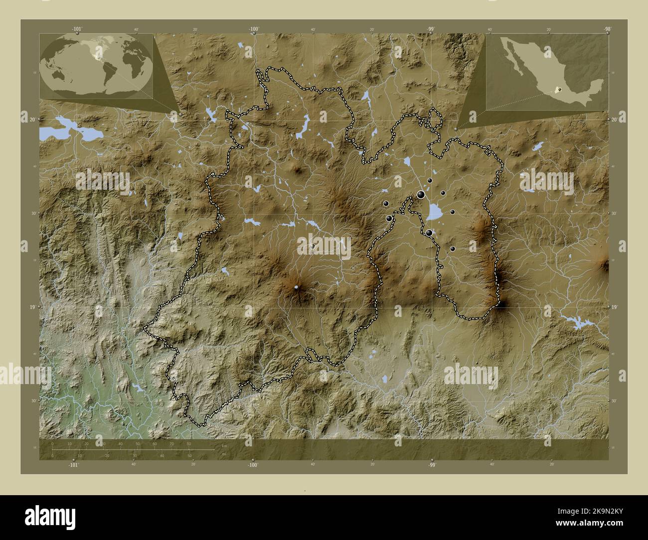 Mexico, state of Mexico. Elevation map colored in wiki style with lakes ...