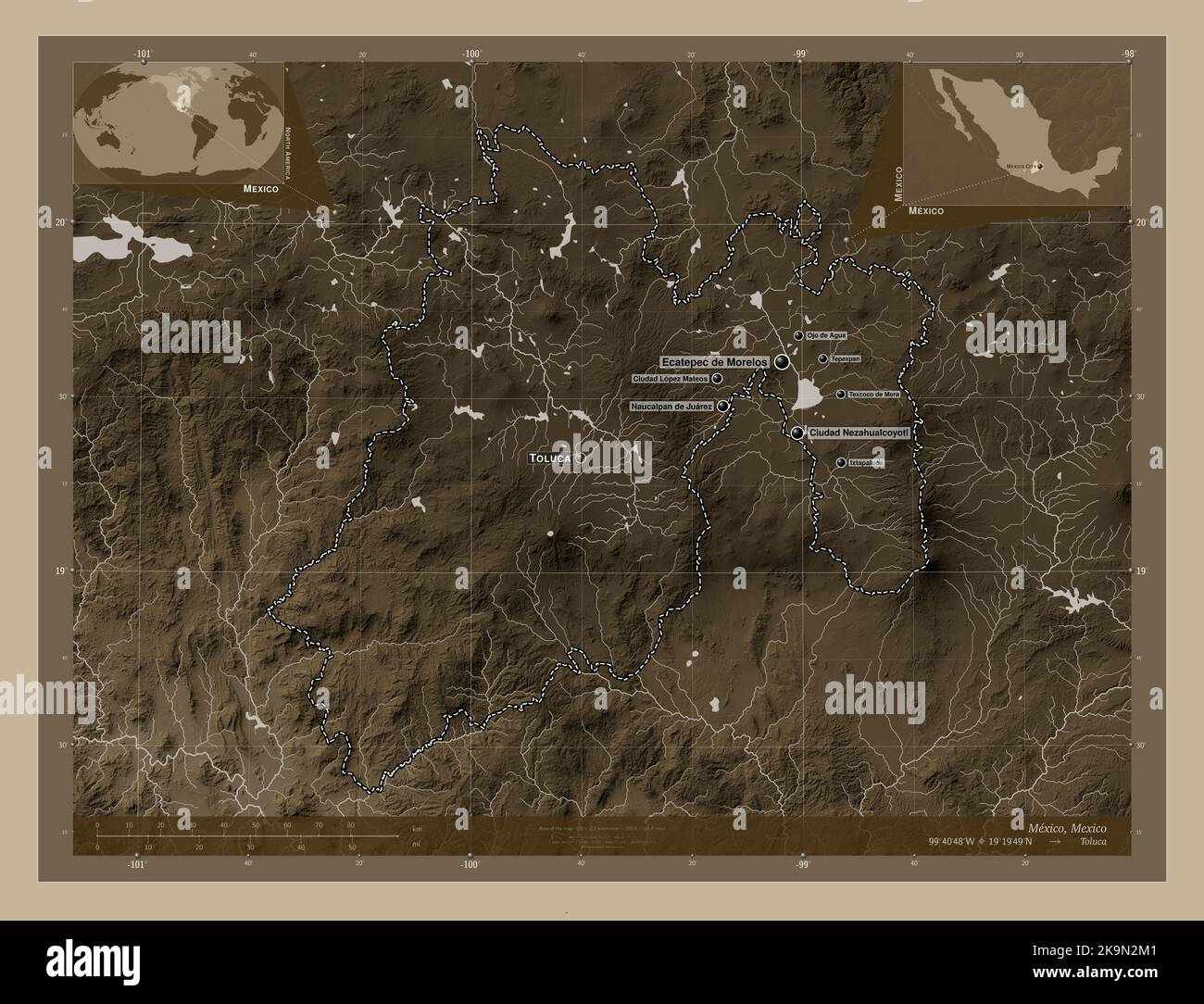 Mexico, state of Mexico. Elevation map colored in sepia tones with ...
