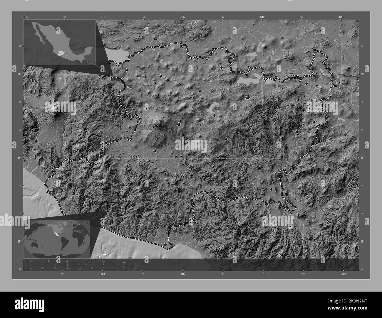 Michoacan, state of Mexico. Bilevel elevation map with lakes and rivers ...