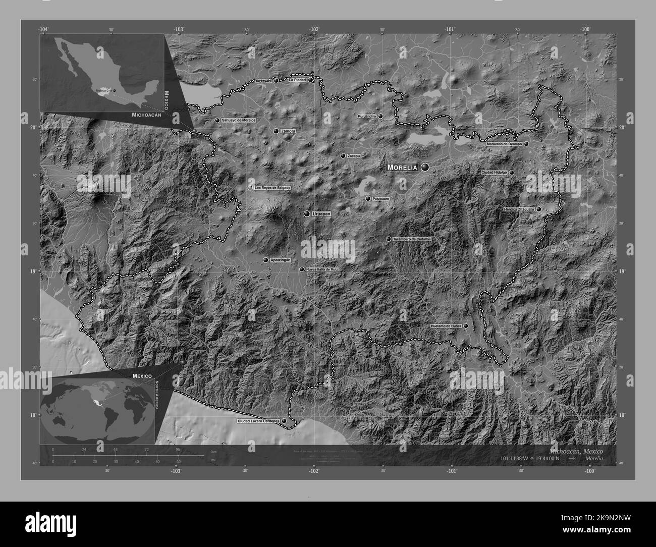 Michoacan, state of Mexico. Bilevel elevation map with lakes and rivers ...