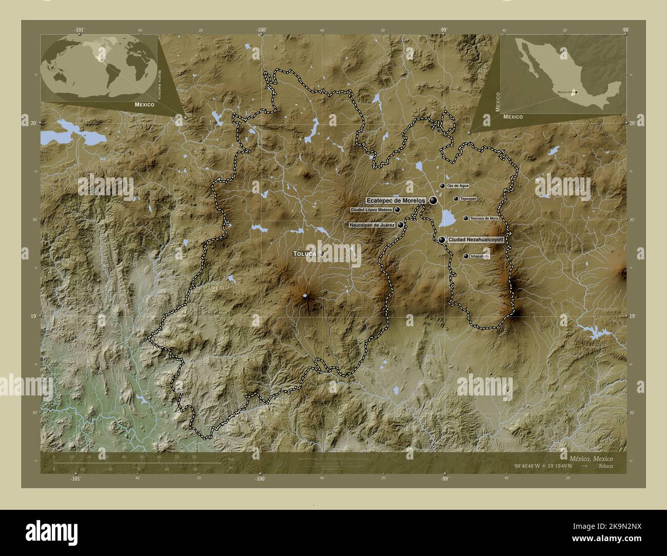 Mexico, state of Mexico. Elevation map colored in wiki style with lakes ...