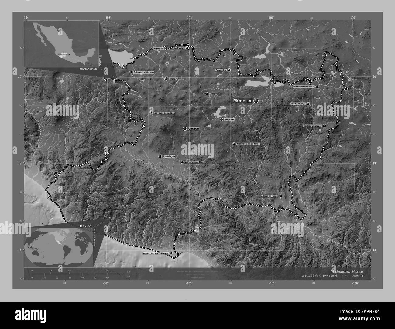 Michoacan, state of Mexico. Grayscale elevation map with lakes and ...