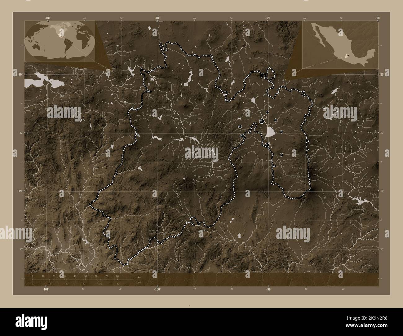 Mexico, state of Mexico. Elevation map colored in sepia tones with ...
