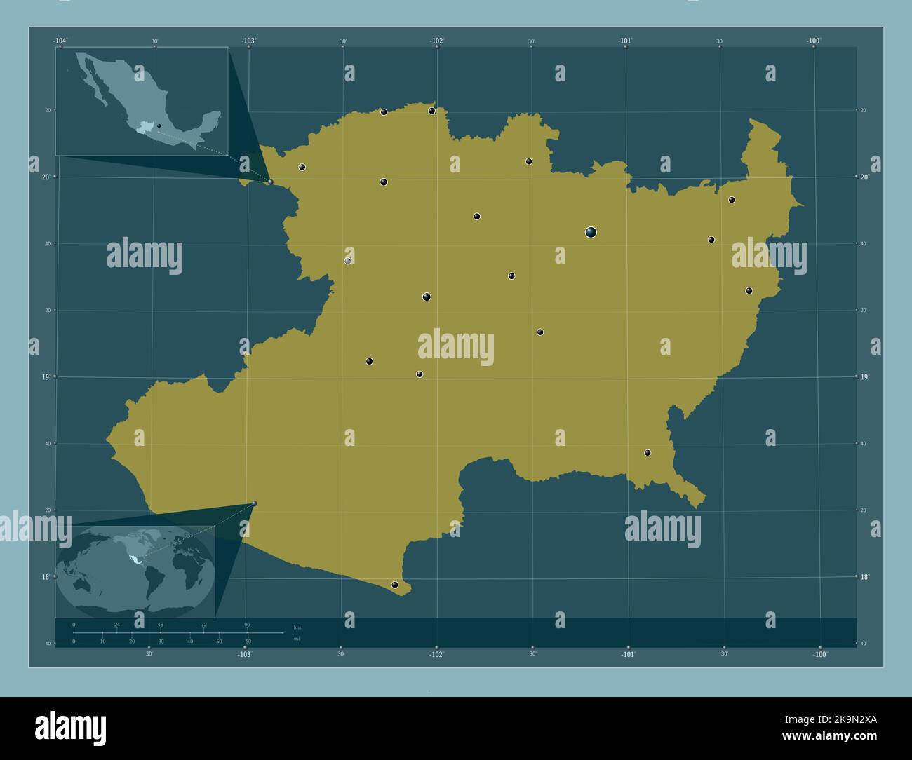 Michoacan, state of Mexico. Solid color shape. Locations of major ...