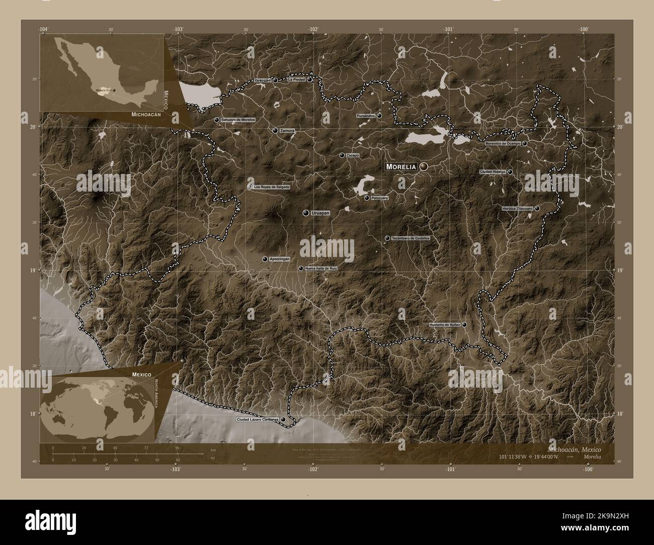 Michoacan, state of Mexico. Elevation map colored in sepia tones with ...
