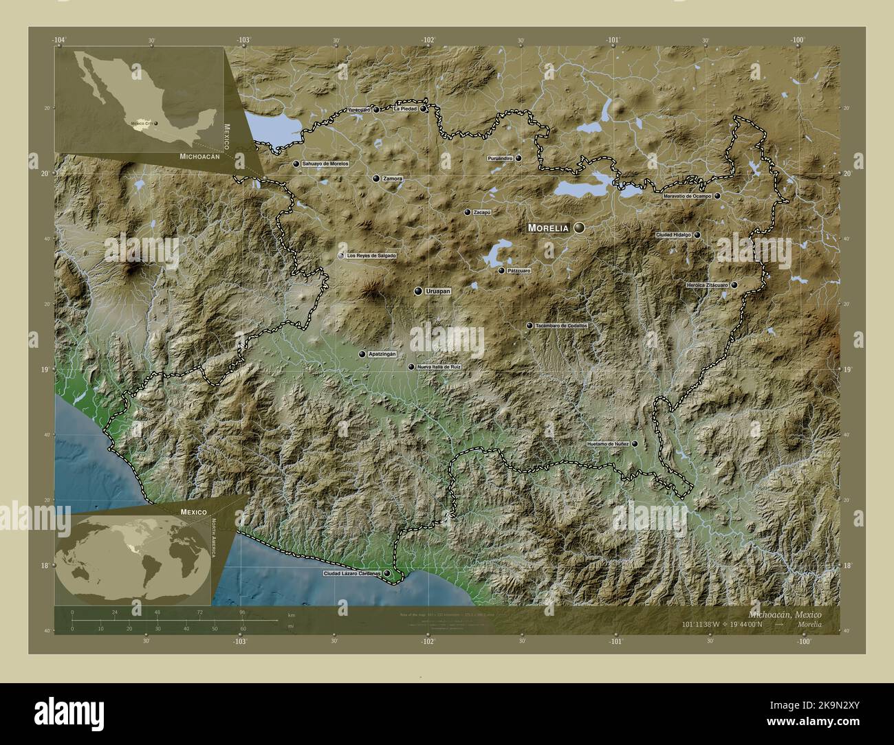 Michoacan, state of Mexico. Elevation map colored in wiki style with ...