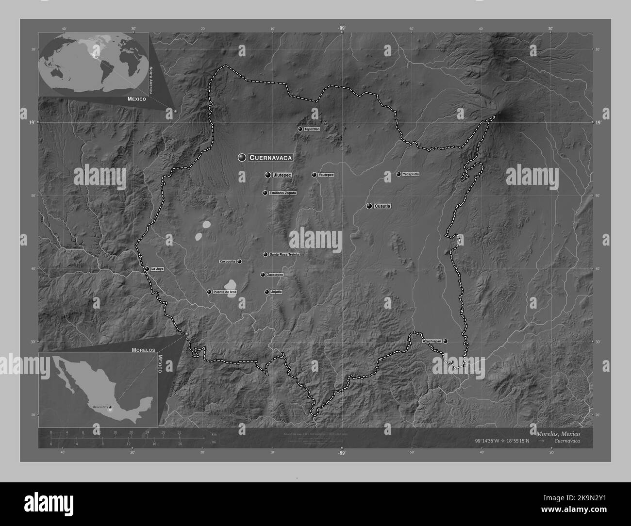 Morelos, state of Mexico. Grayscale elevation map with lakes and rivers ...