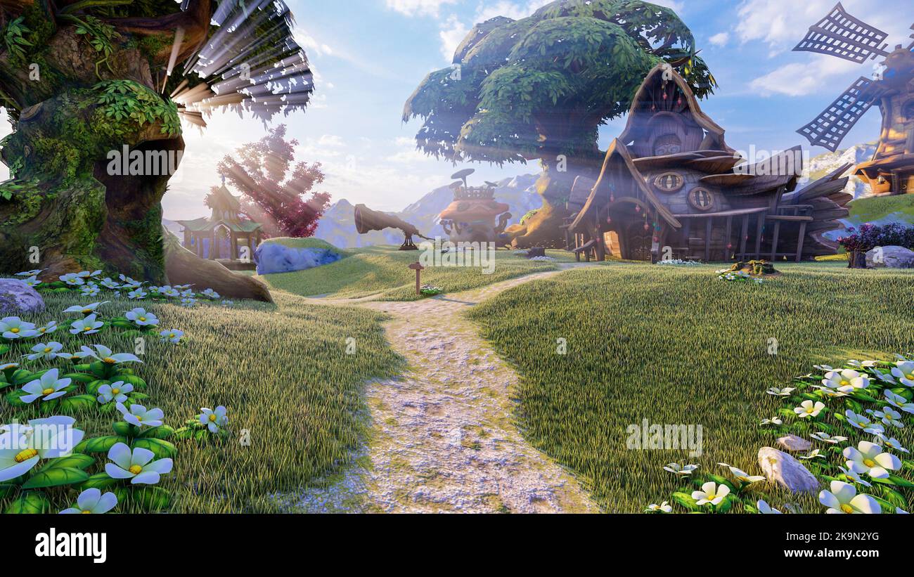 Small beautiful fantasy cartoon village scene, 3d rendering Stock Photo ...