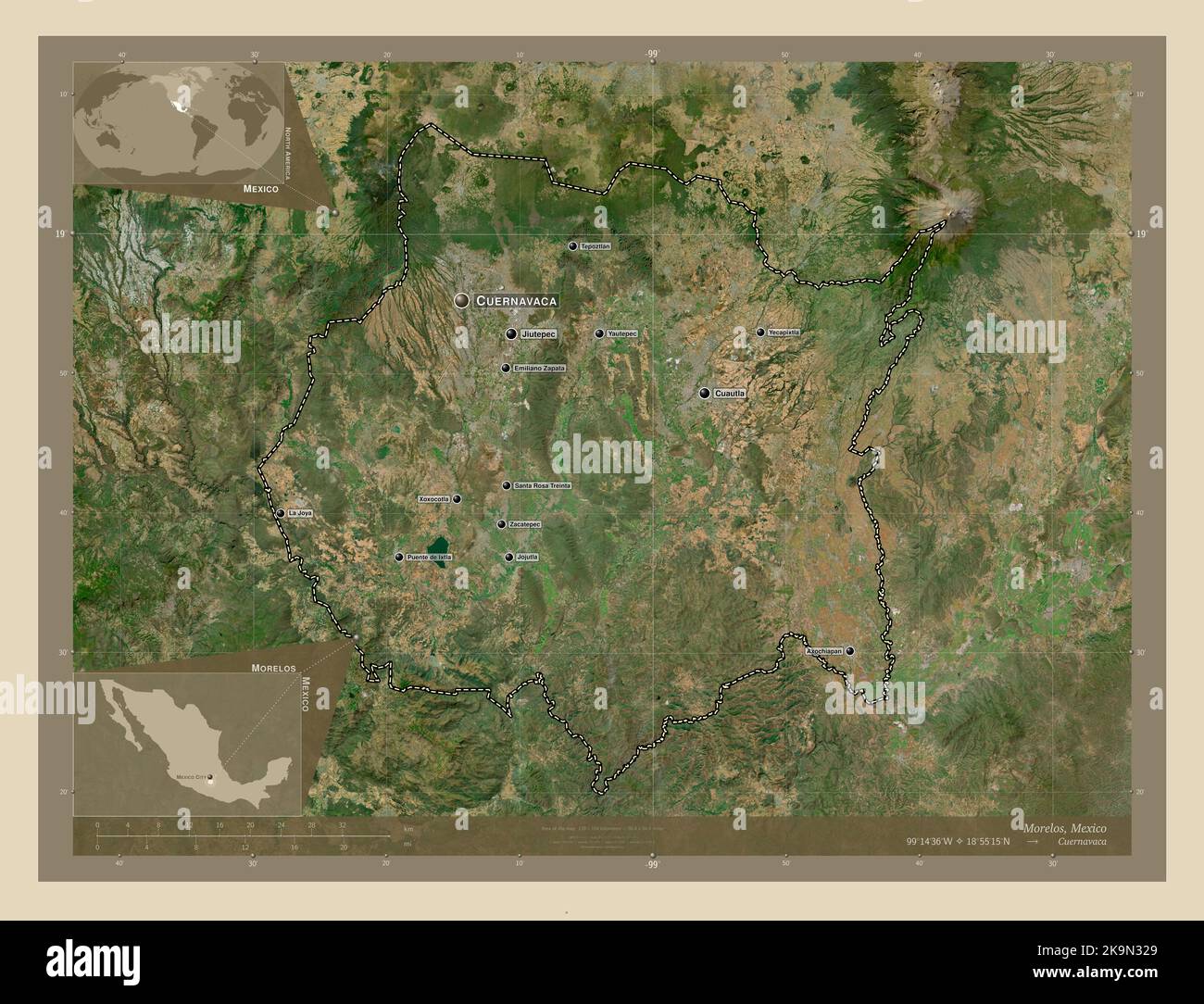 Morelos, state of Mexico. High resolution satellite map. Locations and ...