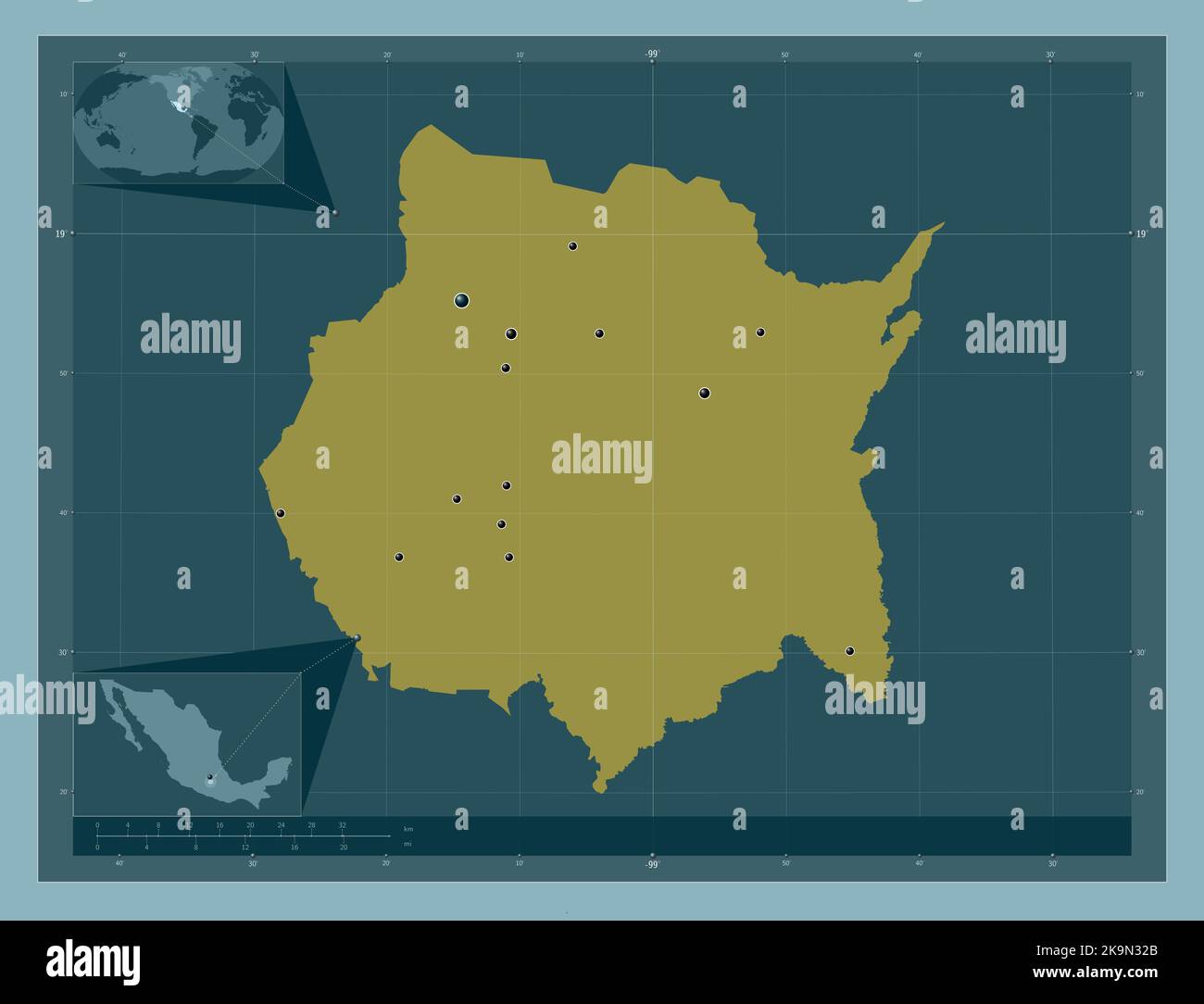 Morelos, state of Mexico. Solid color shape. Locations of major cities ...