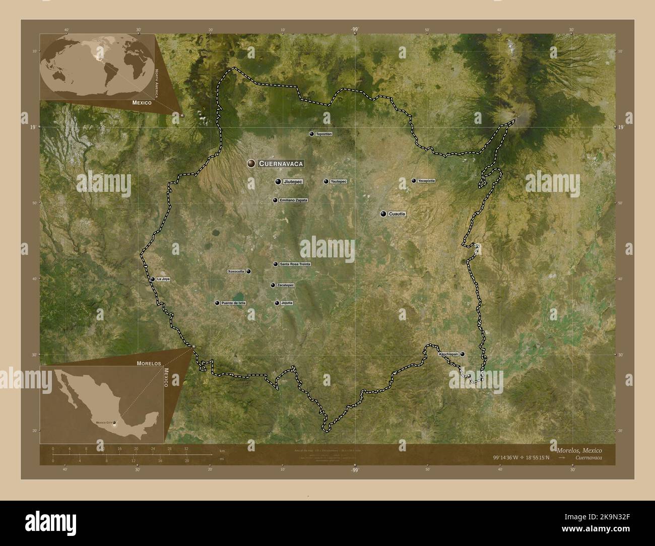 Morelos, state of Mexico. Low resolution satellite map. Locations and ...