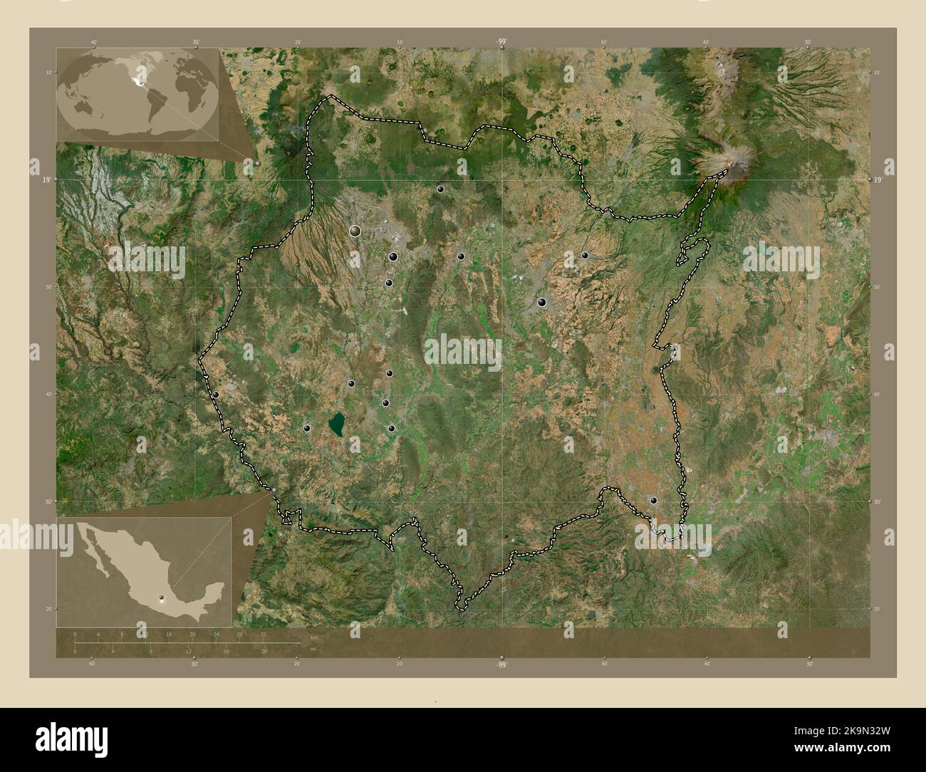 Morelos, state of Mexico. High resolution satellite map. Locations of ...