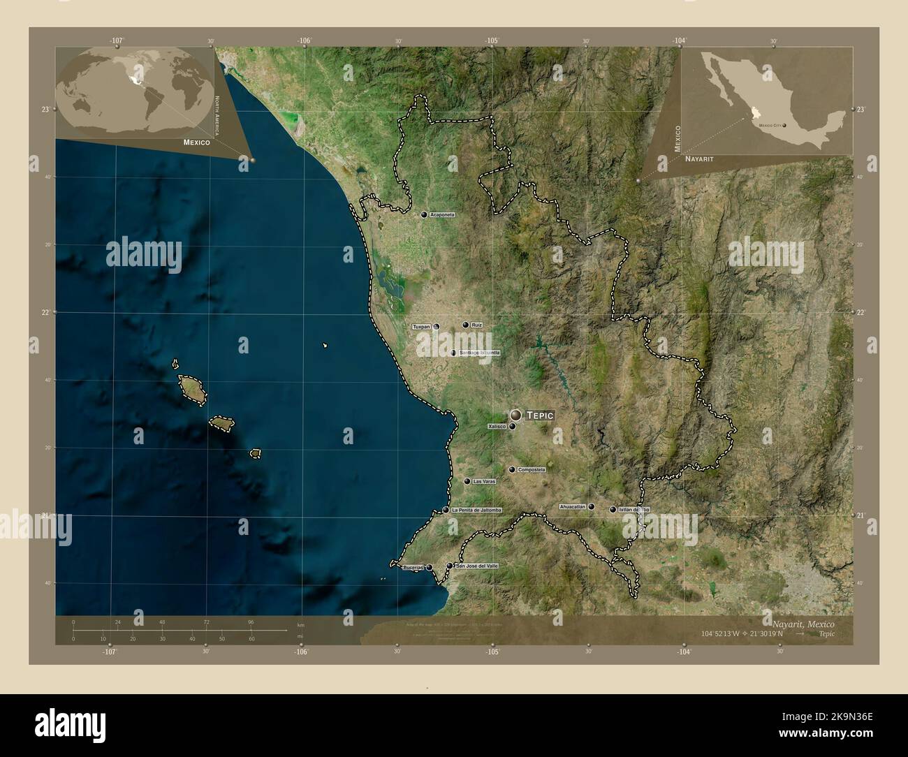 Nayarit, state of Mexico. High resolution satellite map. Locations and ...