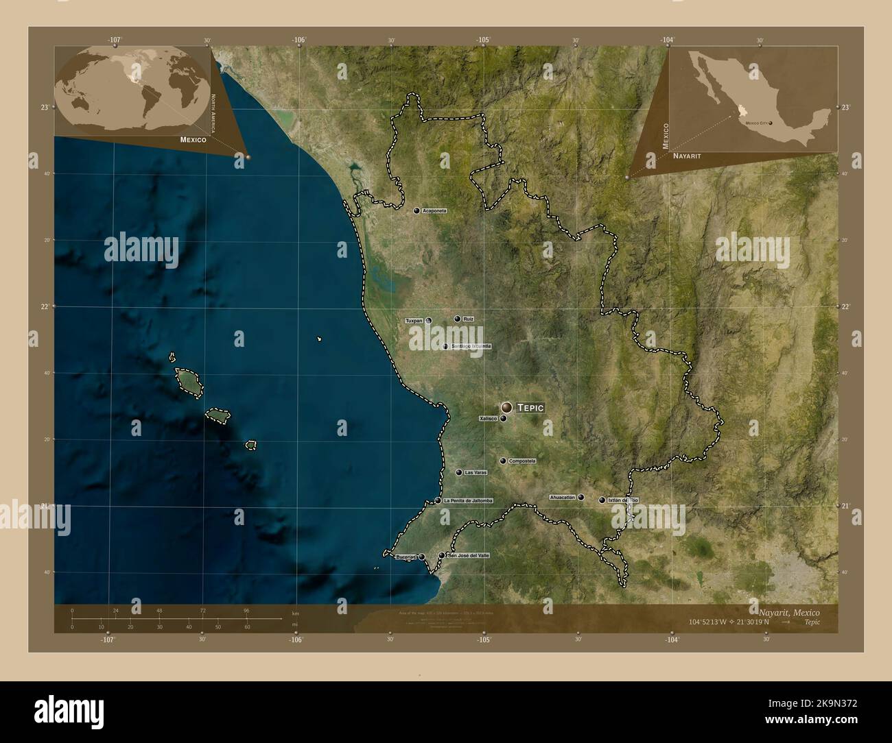 Nayarit, state of Mexico. Low resolution satellite map. Locations and ...