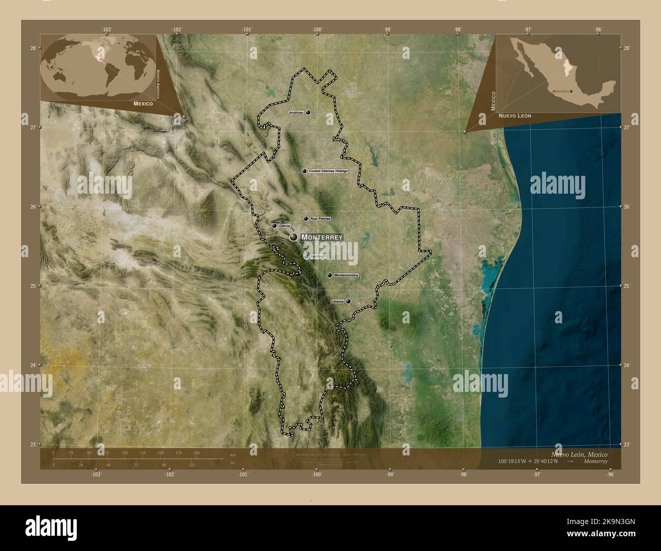 Nuevo Leon, state of Mexico. Low resolution satellite map. Locations ...