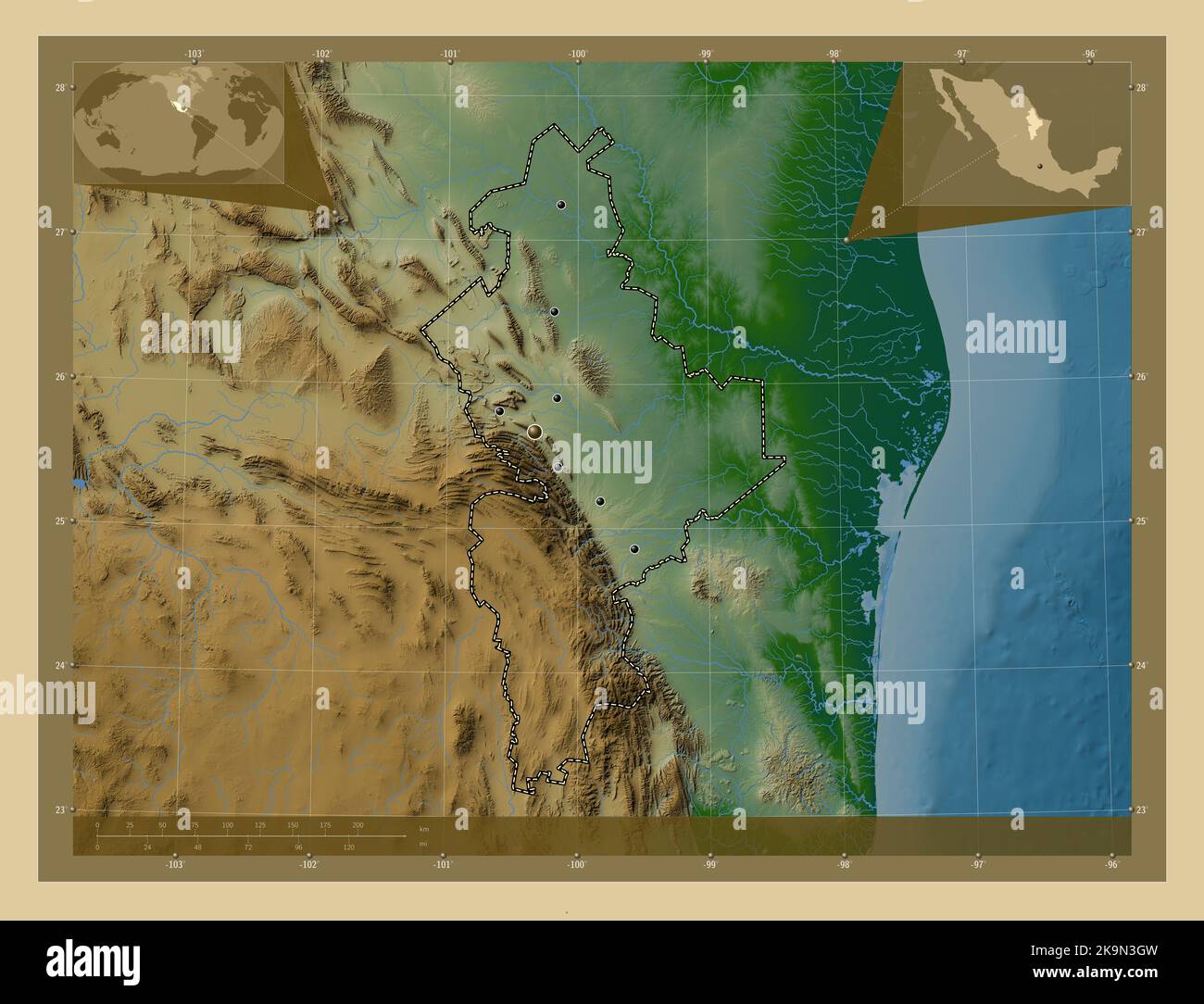 Nuevo Leon, state of Mexico. Colored elevation map with lakes and ...