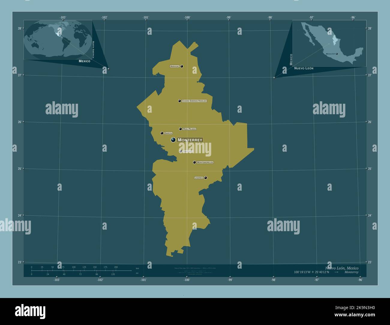 Nuevo Leon, state of Mexico. Solid color shape. Locations and names of ...