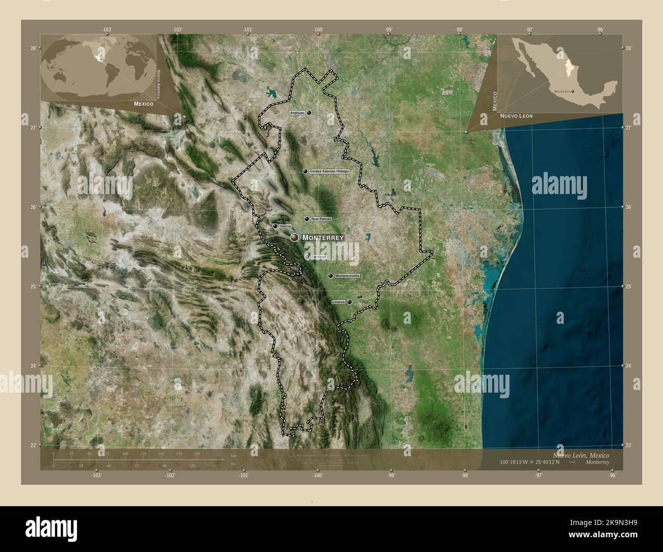 Nuevo Leon, state of Mexico. High resolution satellite map. Locations ...