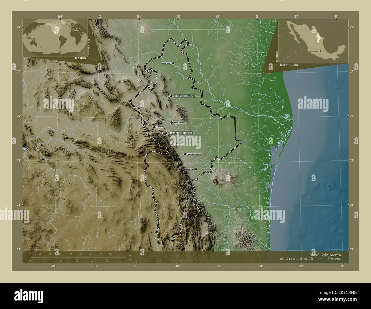 Nuevo Leon, state of Mexico. Elevation map colored in wiki style with ...