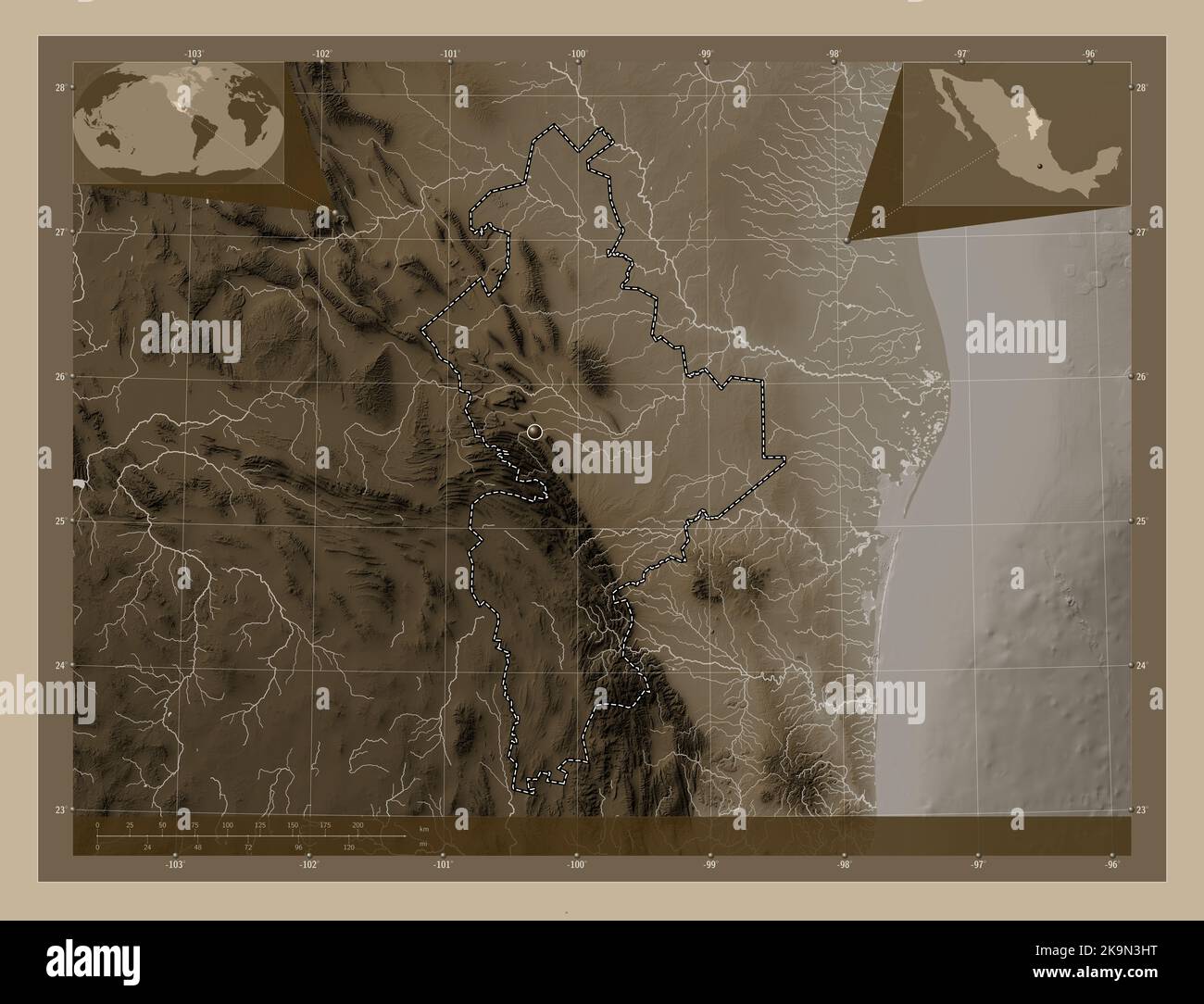Nuevo Leon, state of Mexico. Elevation map colored in sepia tones with ...