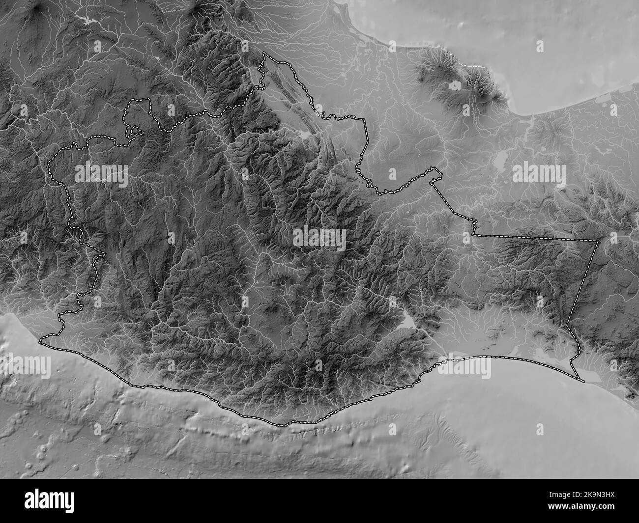 Oaxaca, state of Mexico. Grayscale elevation map with lakes and rivers ...