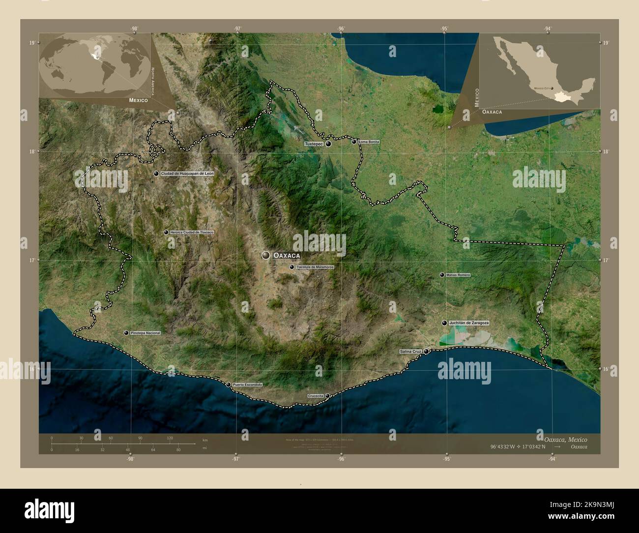 Oaxaca, state of Mexico. High resolution satellite map. Locations and ...
