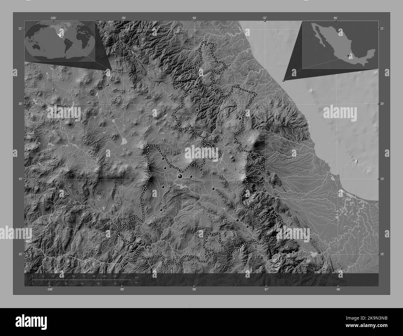 Puebla, state of Mexico. Bilevel elevation map with lakes and rivers ...