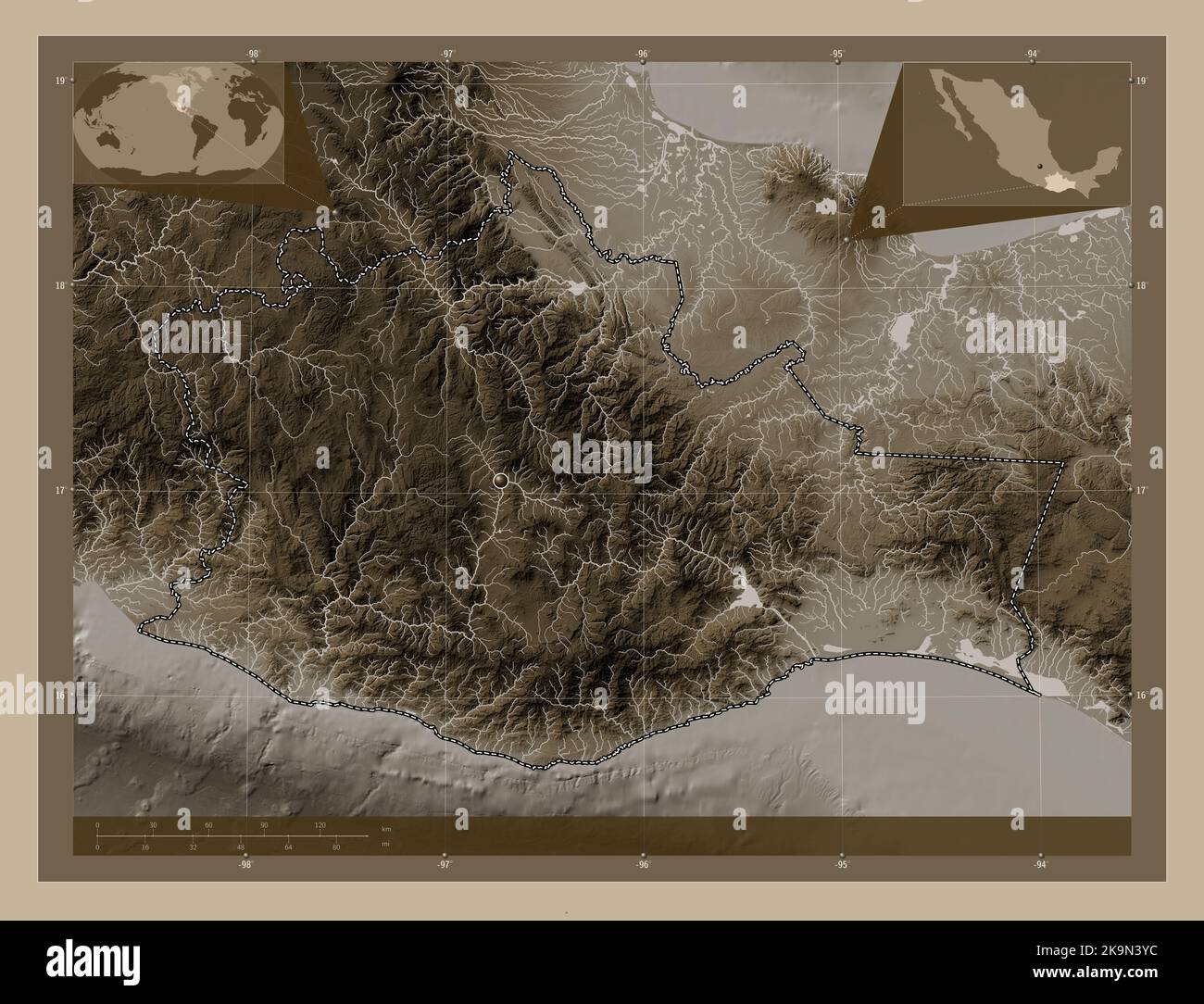 Oaxaca, state of Mexico. Elevation map colored in sepia tones with ...