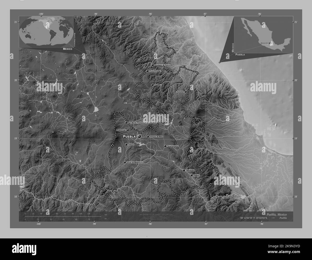 Puebla, state of Mexico. Grayscale elevation map with lakes and rivers ...