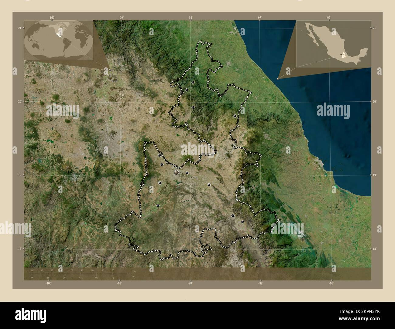 Puebla, state of Mexico. High resolution satellite map. Locations of ...