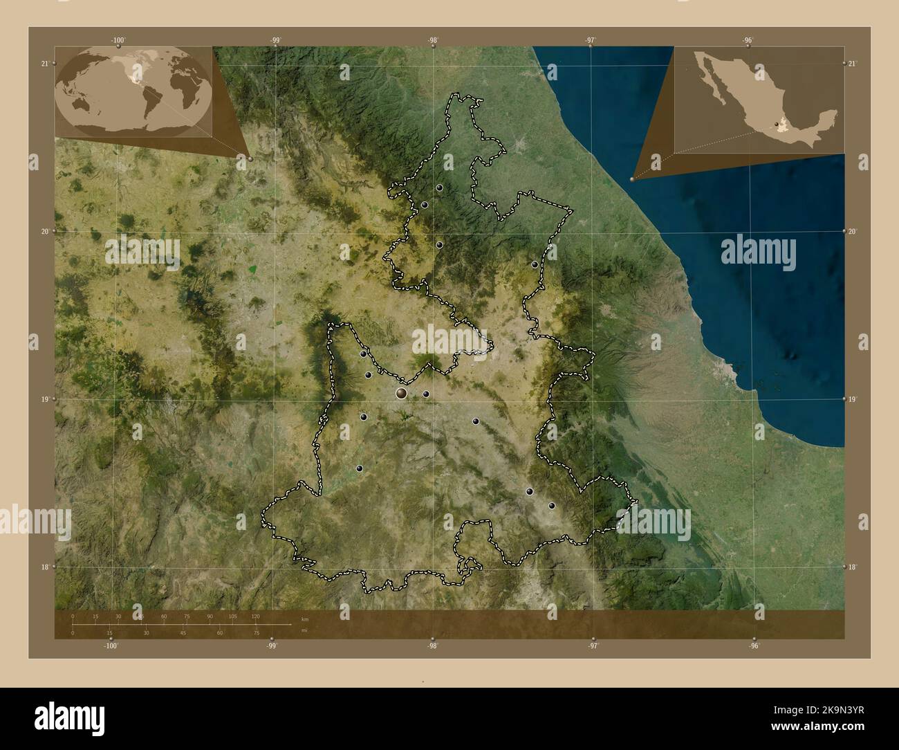 Puebla, state of Mexico. Low resolution satellite map. Locations of ...
