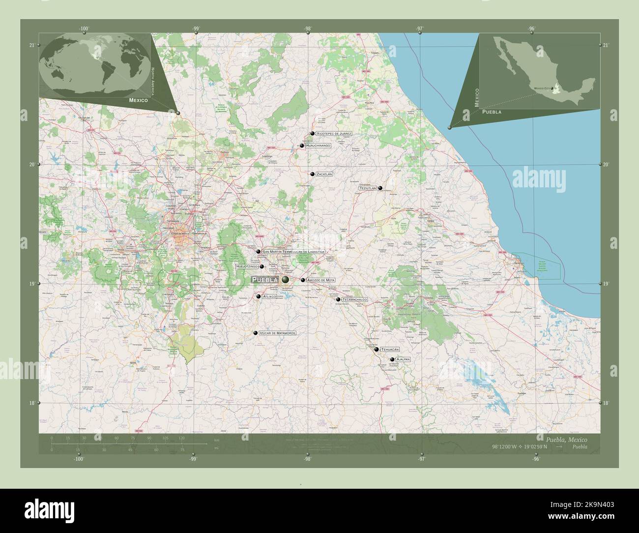 Puebla, state of Mexico. Open Street Map. Locations and names of major ...