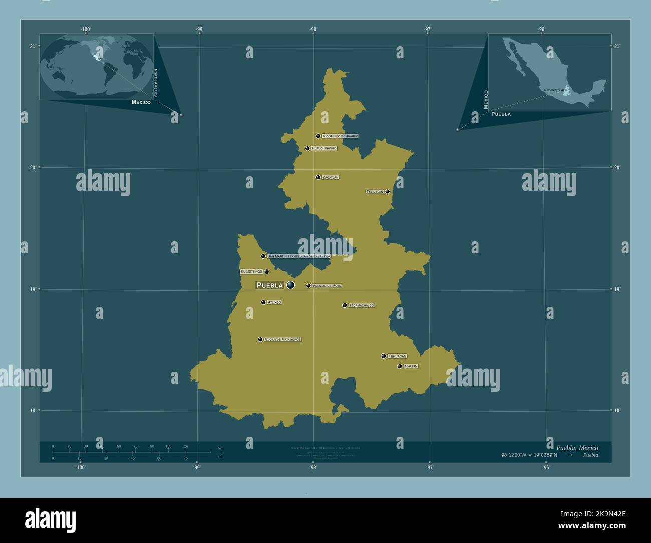 Puebla, state of Mexico. Solid color shape. Locations and names of ...