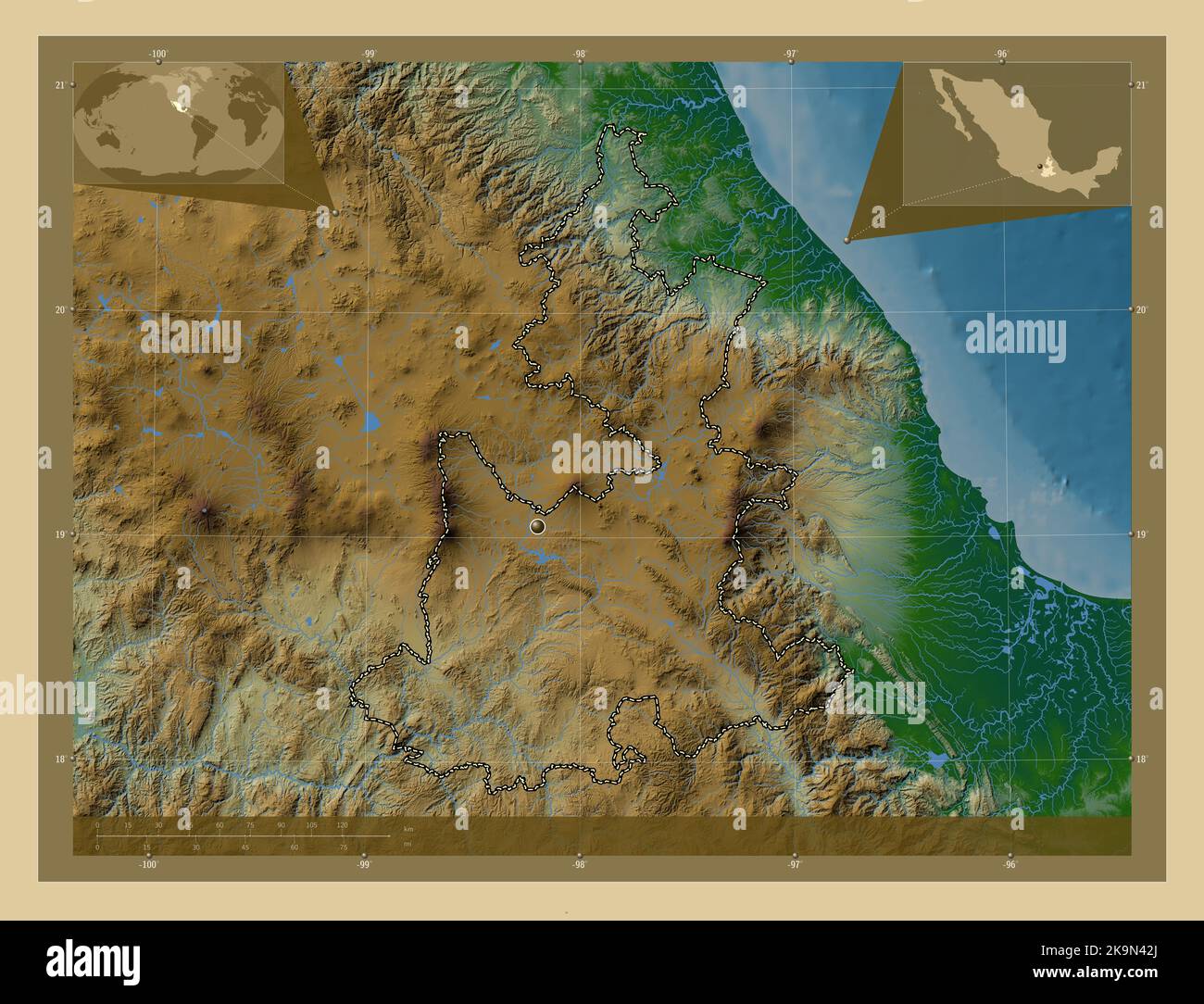 Puebla, state of Mexico. Colored elevation map with lakes and rivers ...