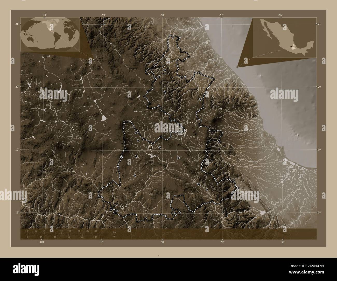 Puebla, state of Mexico. Elevation map colored in sepia tones with ...
