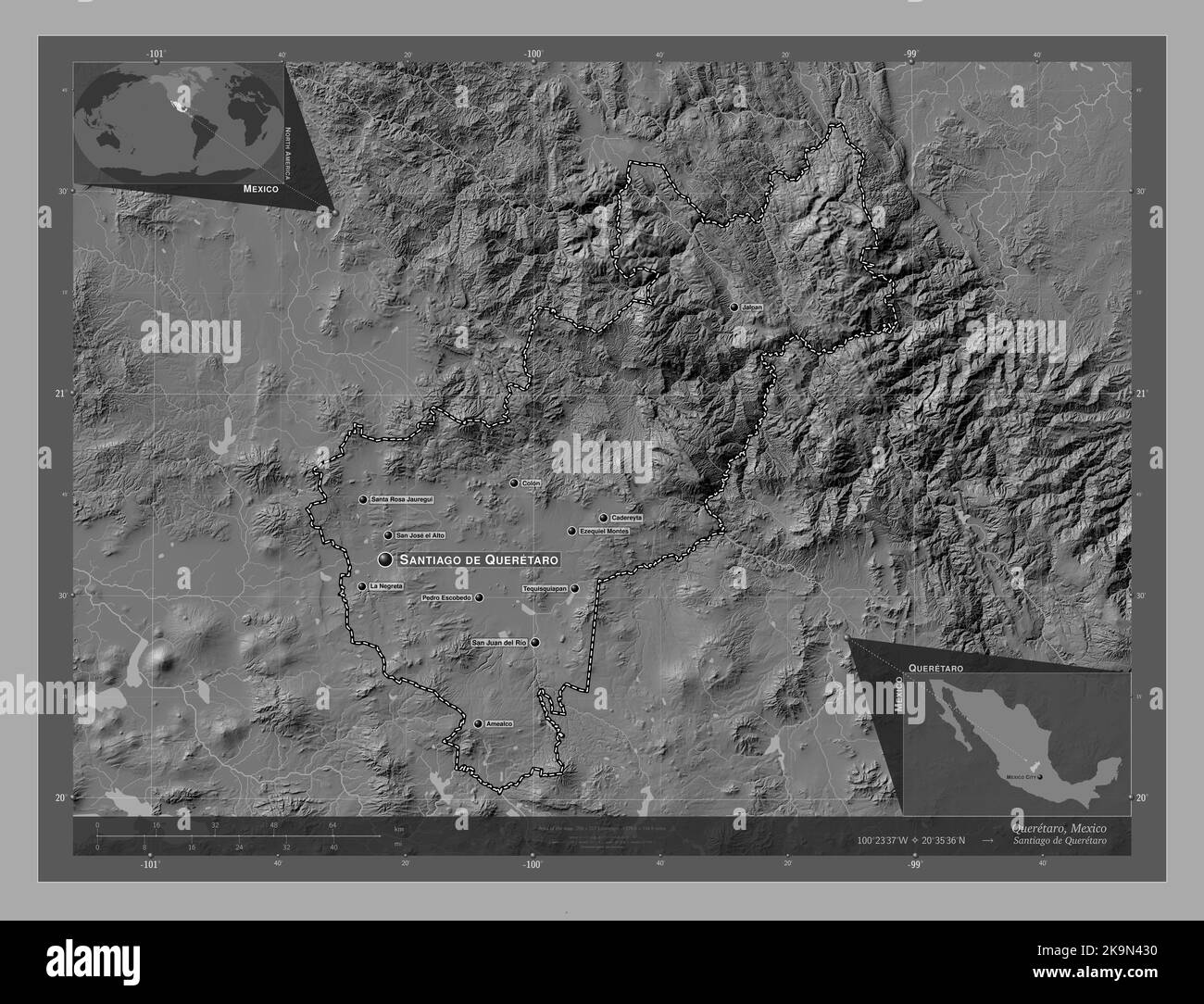 Queretaro, state of Mexico. Bilevel elevation map with lakes and rivers ...