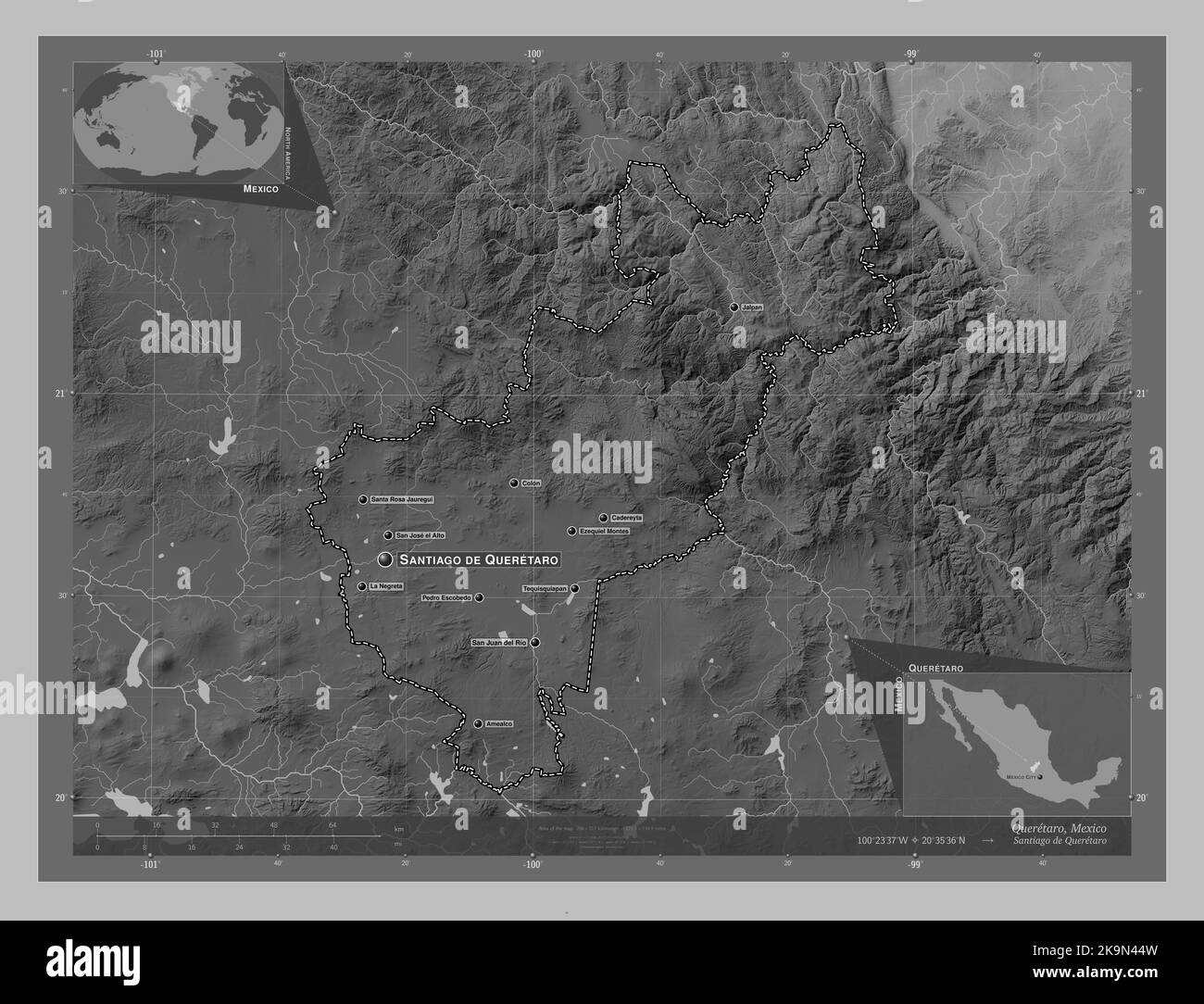 Queretaro, state of Mexico. Grayscale elevation map with lakes and ...