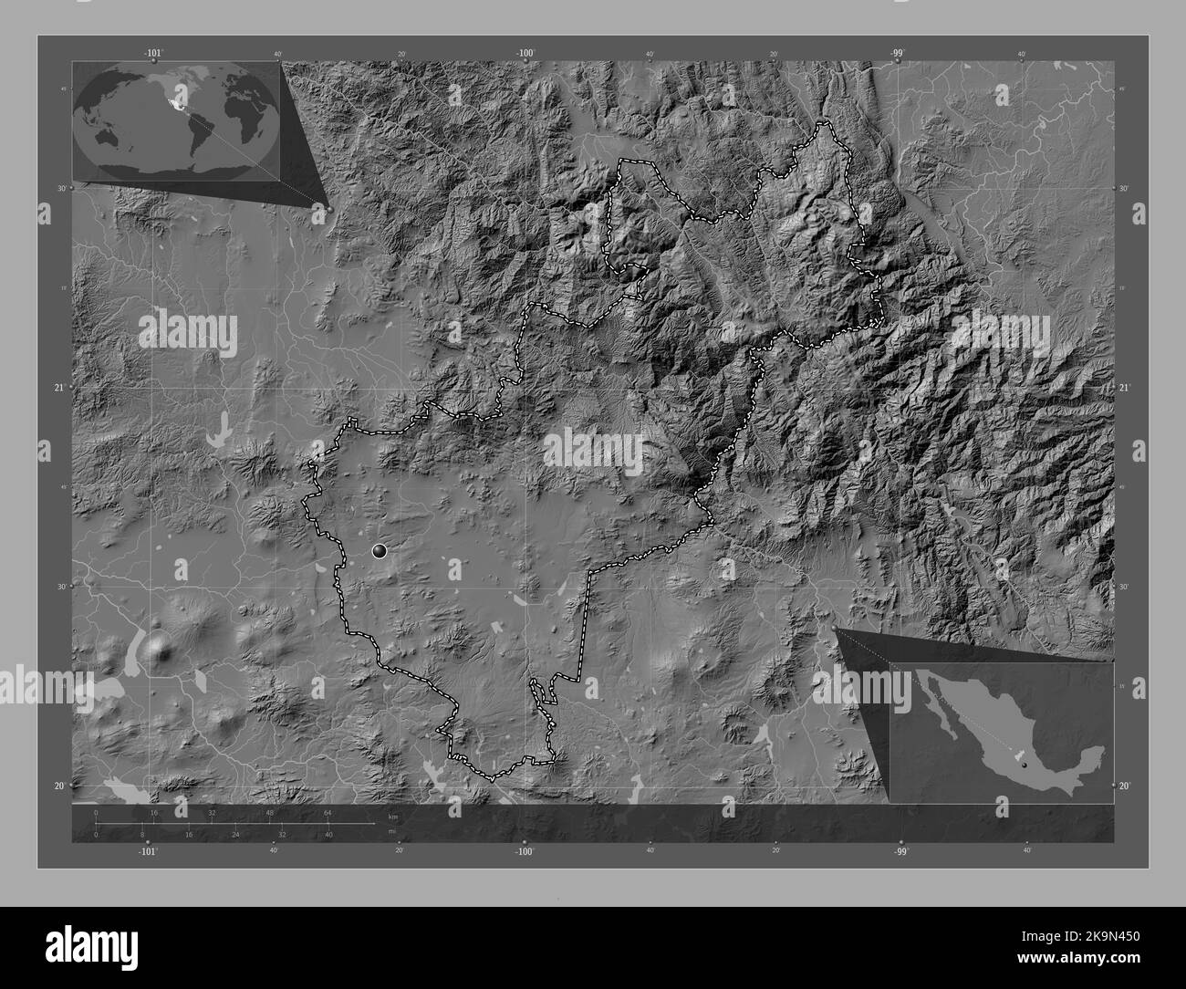 Queretaro, state of Mexico. Bilevel elevation map with lakes and rivers ...