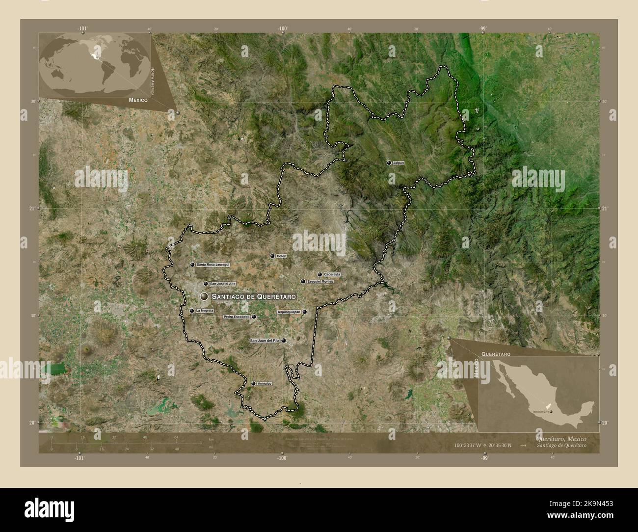 Queretaro, state of Mexico. High resolution satellite map. Locations and names of major cities ...