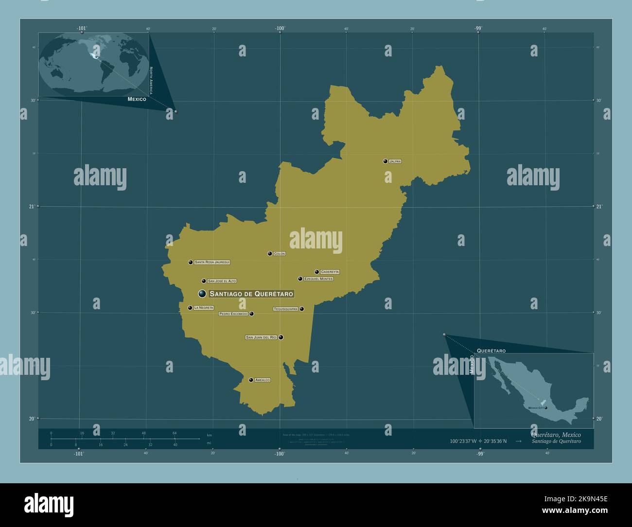 Queretaro, state of Mexico. Solid color shape. Locations and names of ...