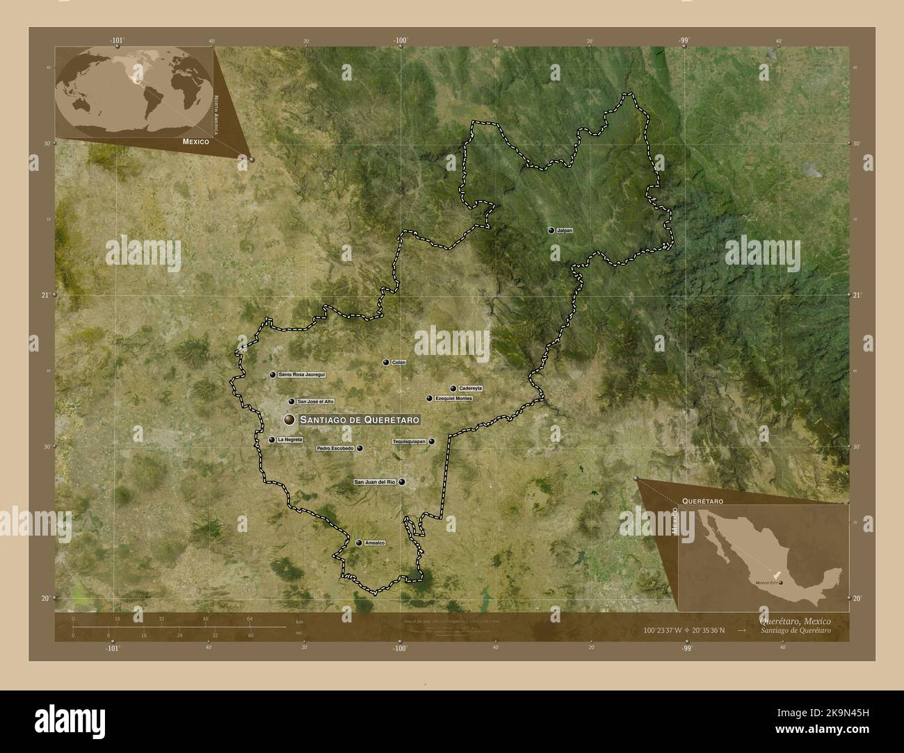 Queretaro, state of Mexico. Low resolution satellite map. Locations and ...
