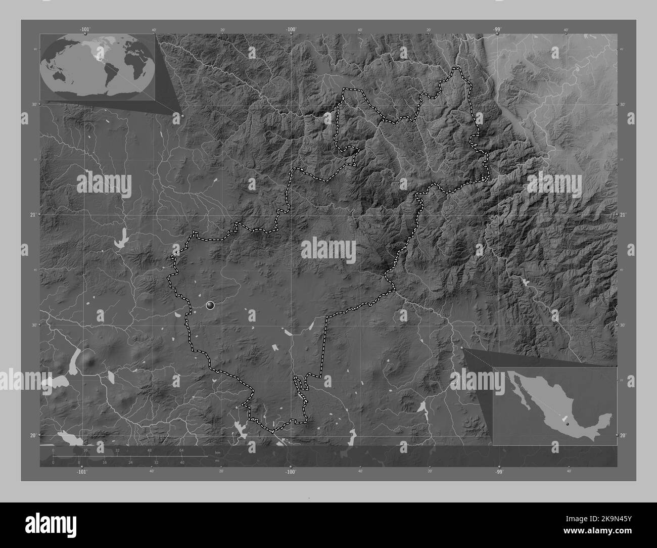 Queretaro, state of Mexico. Grayscale elevation map with lakes and ...