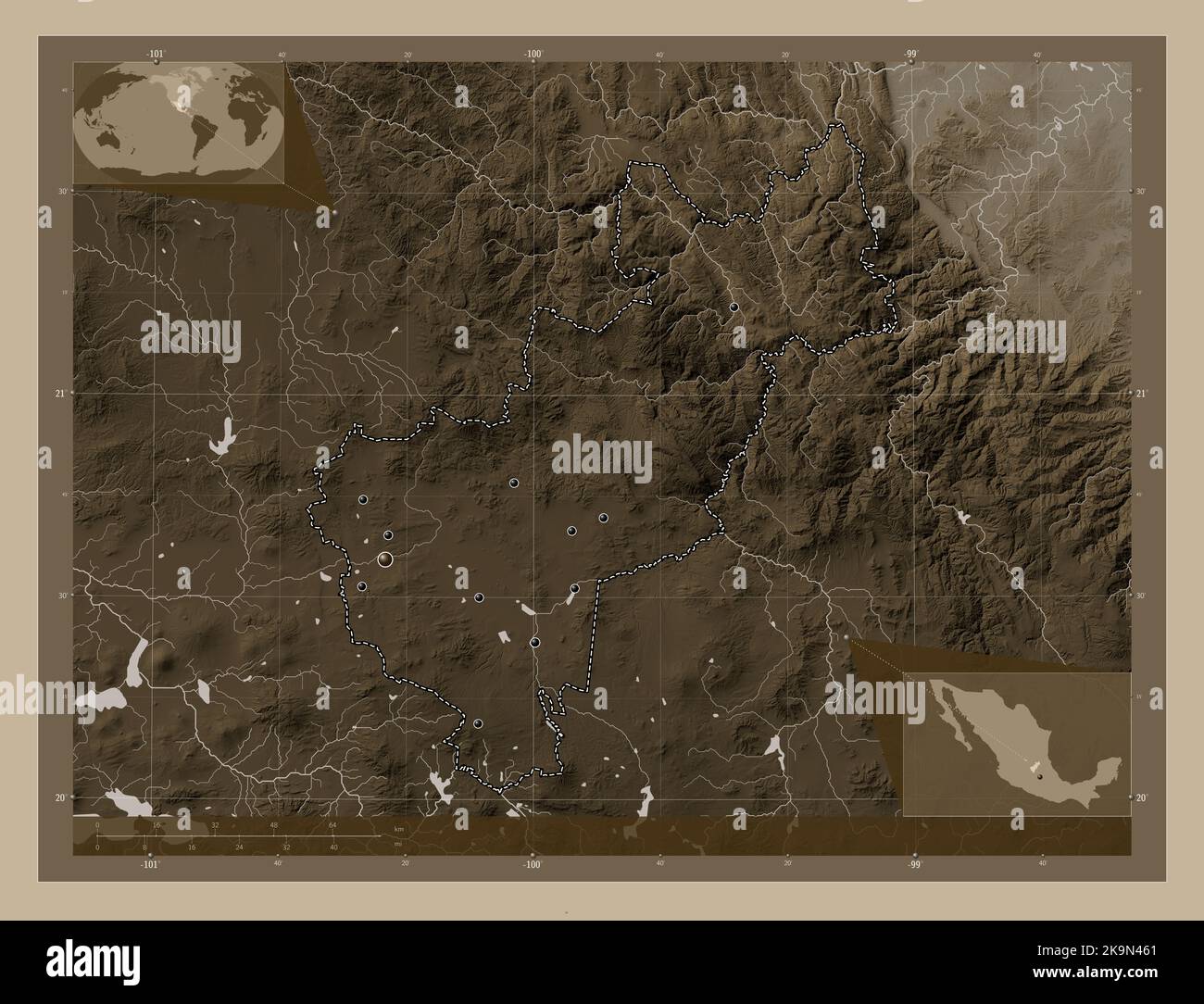 Queretaro, state of Mexico. Elevation map colored in sepia tones with ...