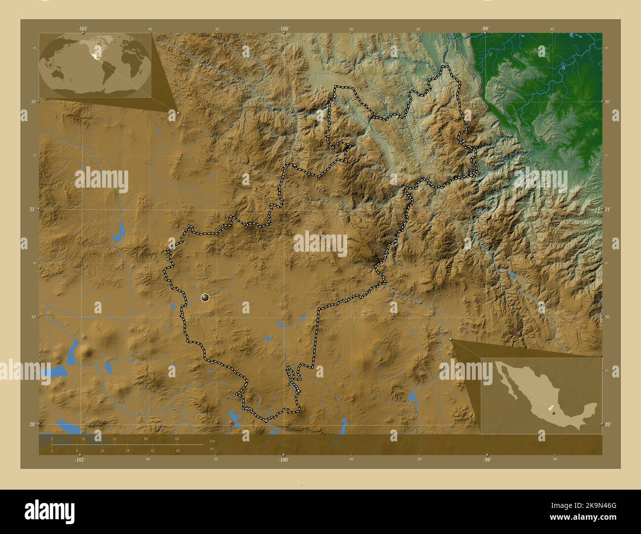 Queretaro, state of Mexico. Colored elevation map with lakes and rivers. Corner auxiliary ...
