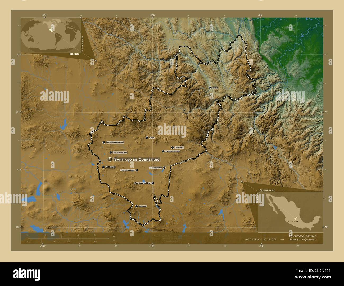 Queretaro, state of Mexico. Colored elevation map with lakes and rivers ...