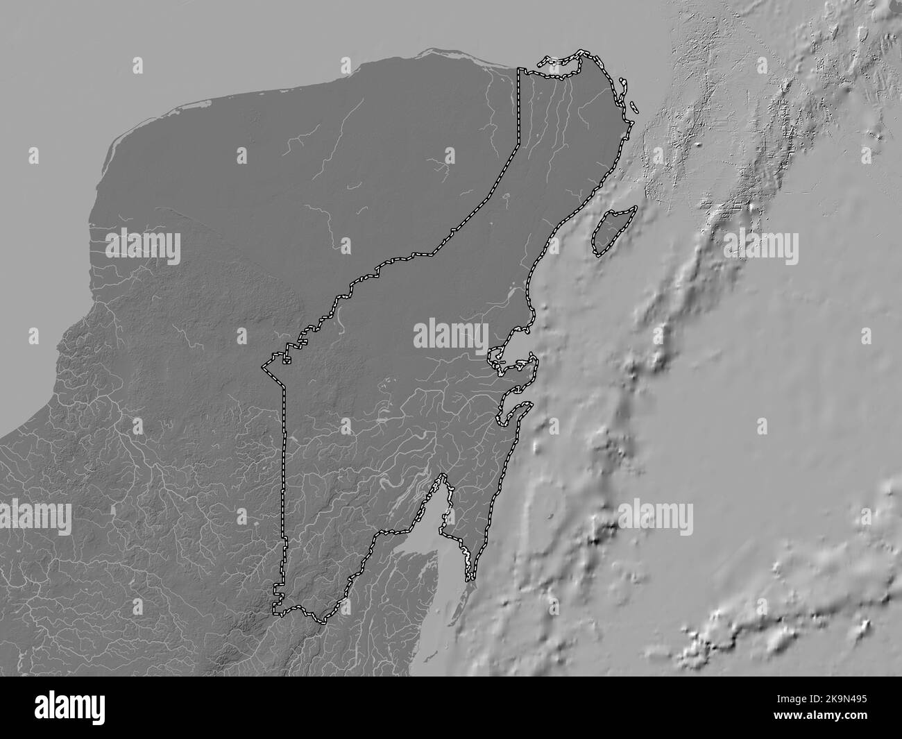 Quintana Roo, state of Mexico. Bilevel elevation map with lakes and ...
