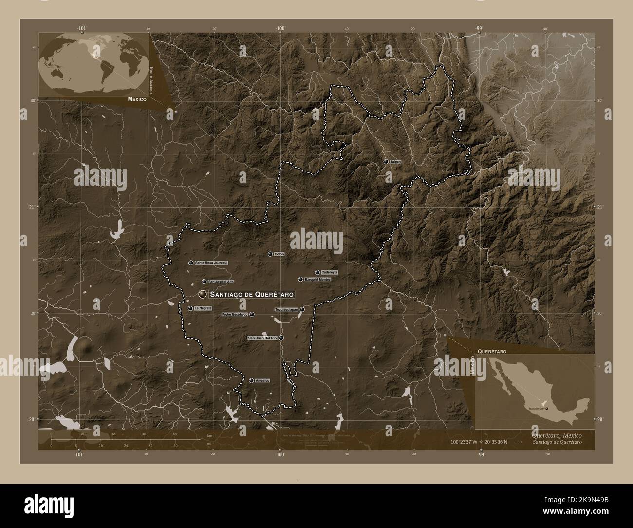 Queretaro, state of Mexico. Elevation map colored in sepia tones with ...